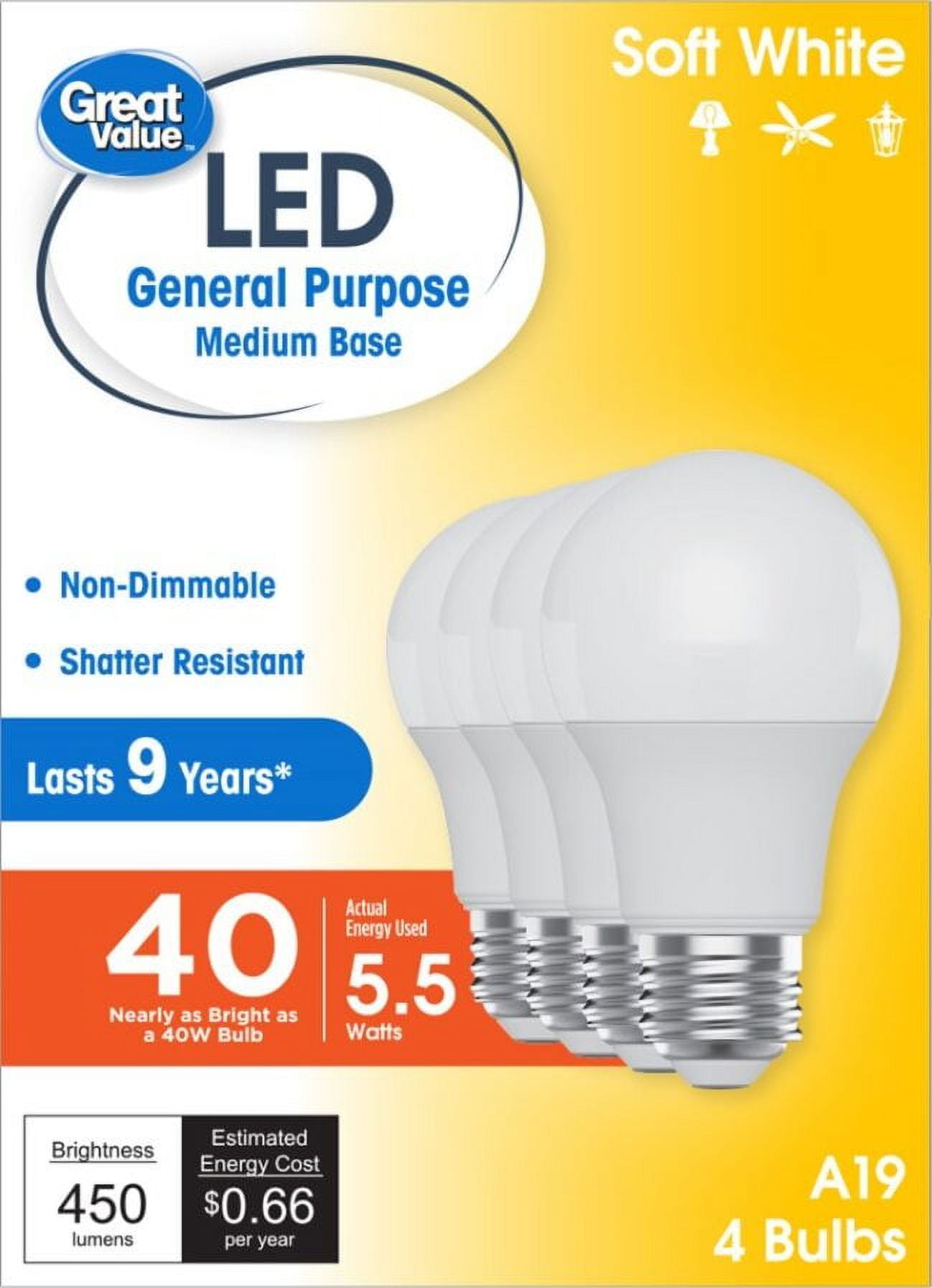Great Value LED Light Bulb, Soft White, 40 Watt Eqv, A19 General ...