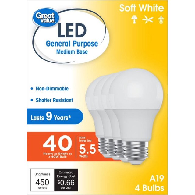 Great Value LED Light Bulb, Soft White, 40 Watt Eqv, A19 General ...