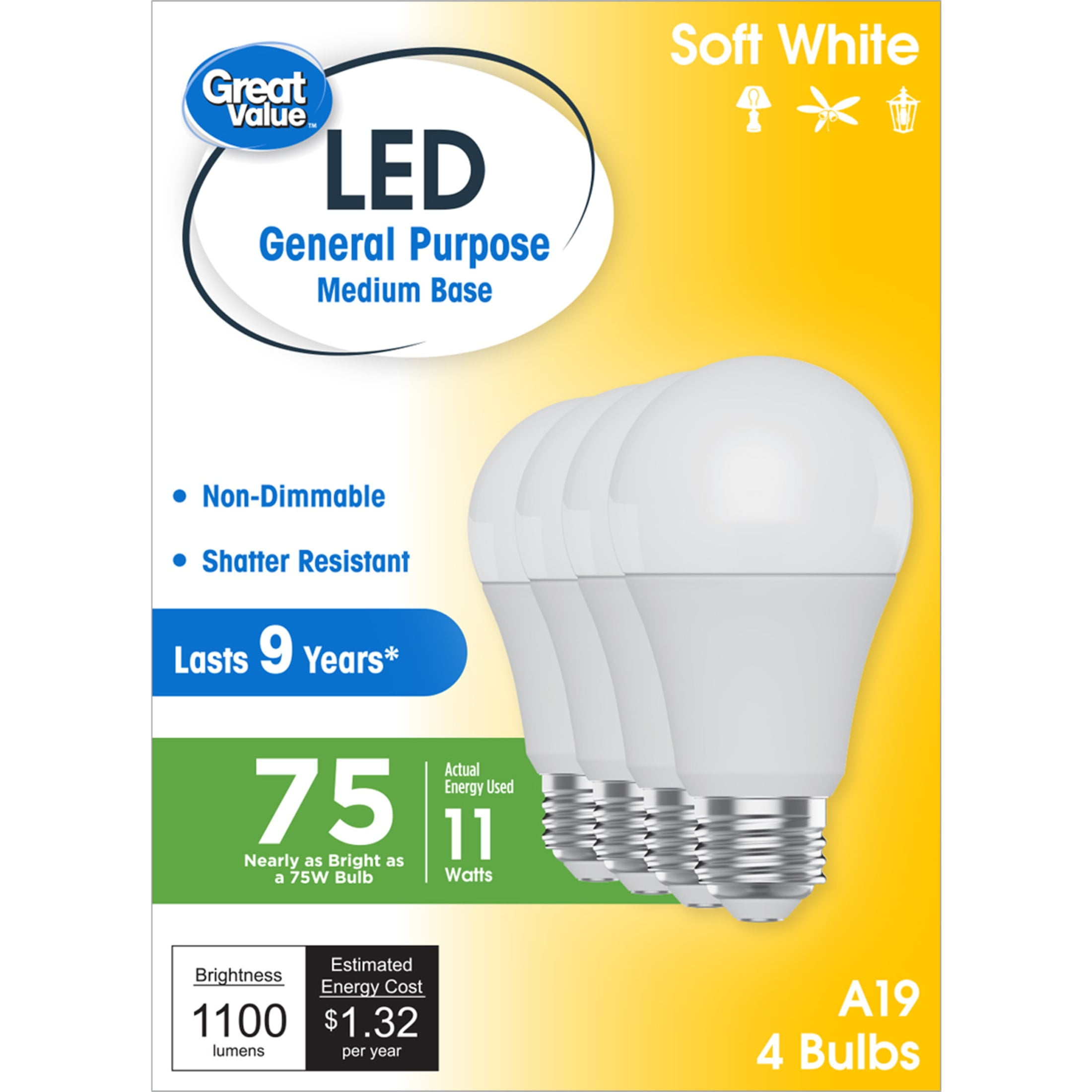 Great Value LED Light Bulb, Soft White, 75 Watt Eqv, A19 General ...
