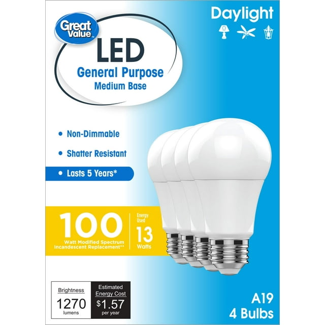 Great Value LED Light Bulbs, 100 Watts Eqv, Daylight, A19 General ...