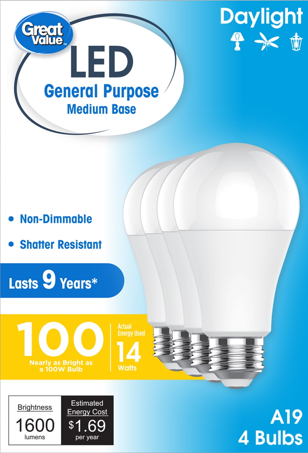 Great Value LED Light Bulbs, 100 Watts Eqv, Daylight, A19 General ... Great Value LED Light Bulbs, 100 Watts Eqv, Daylight, A19 General ...