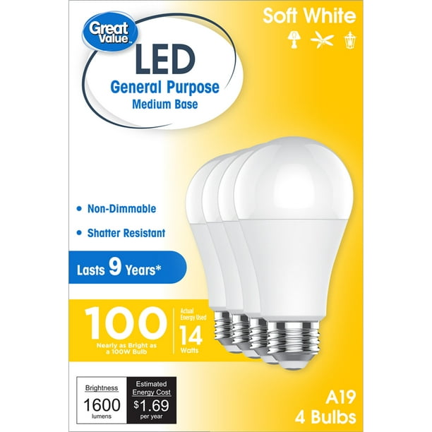 Great Value LED Light Bulbs, 100 Watts Eqv, Soft White, A19 General ...