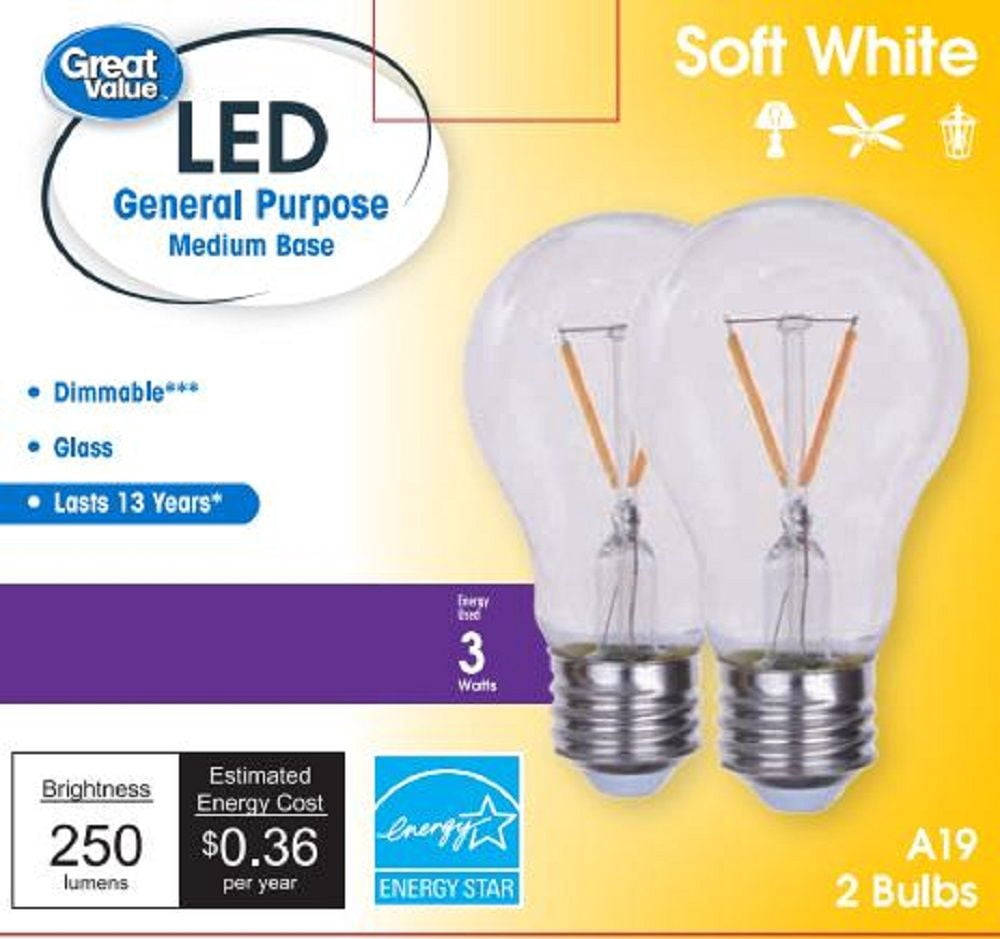 Great Value LED Light Bulbs, 3-Watt (25W Equiv.) A19 General Purpose ...