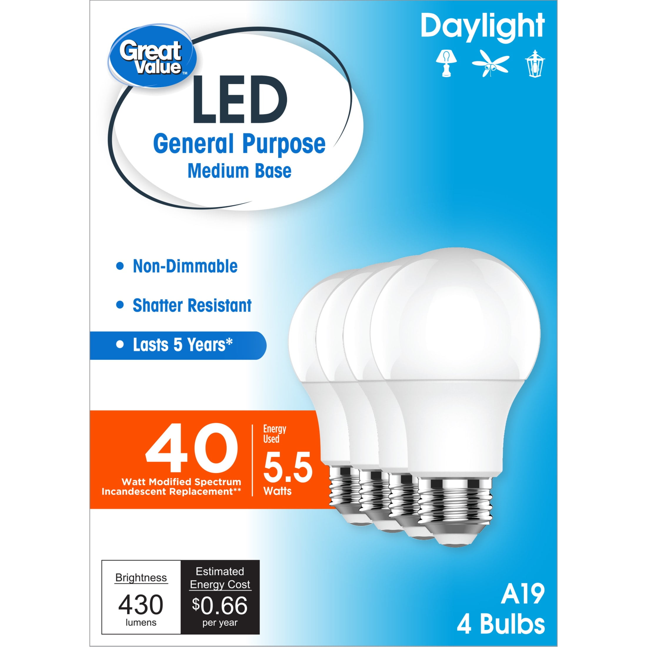 Great Value LED Light Bulbs, 40 Watts Eqv, Daylight, A19 General ...
