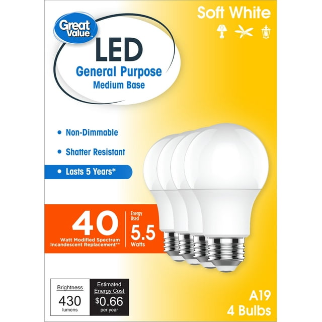 Great Value LED Light Bulbs, 40 Watts Eqv, Soft White, A19 General ...