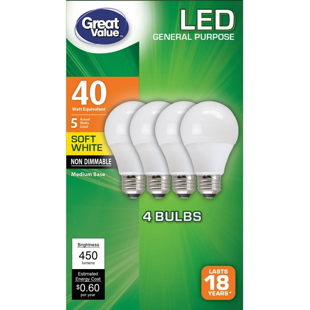 Great Value LED Light Bulbs, 5W (40W Equivalent), Soft White, 4-count ...