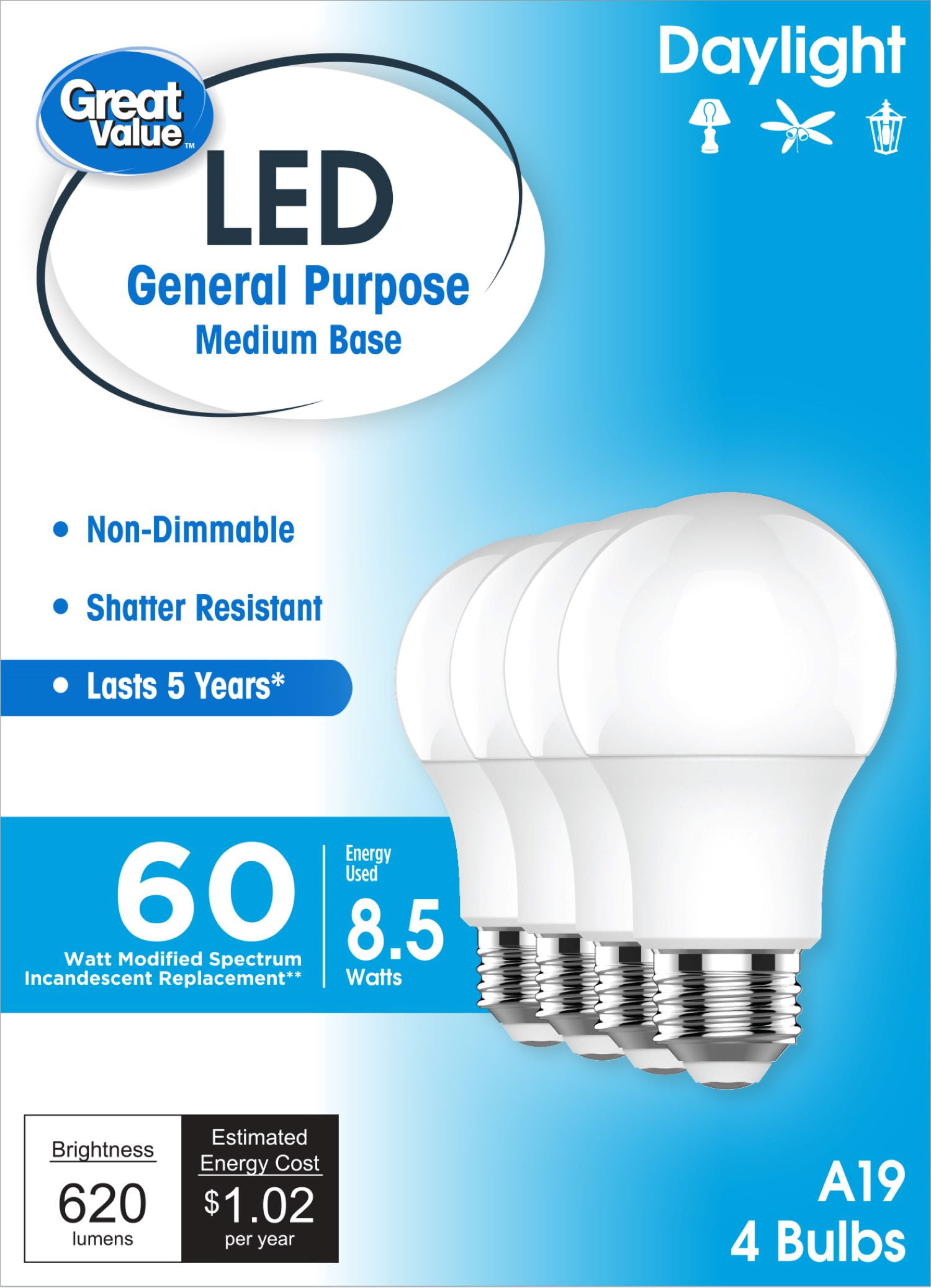 Great Value LED Light Bulbs, 60 Watts Eqv, Daylight, A19 General ...