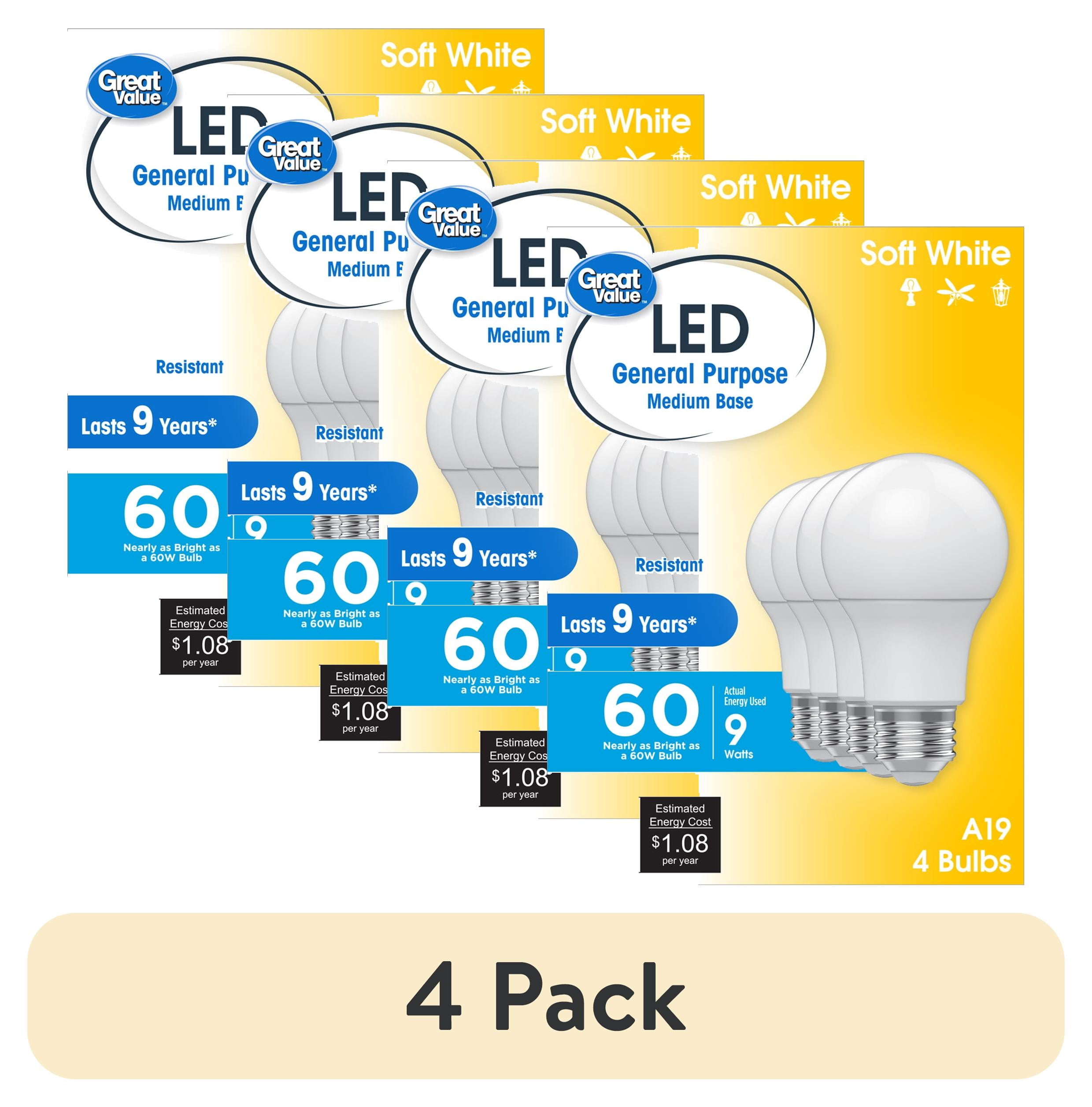 (4 pack) Great Value LED Light Bulbs, 60 Watts Eqv, Soft White, A19 ...