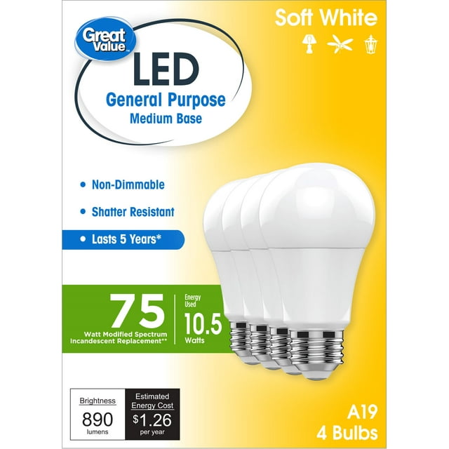 Great Value LED Light Bulbs, 75 Watts Eqv, Soft White, A19 General ...