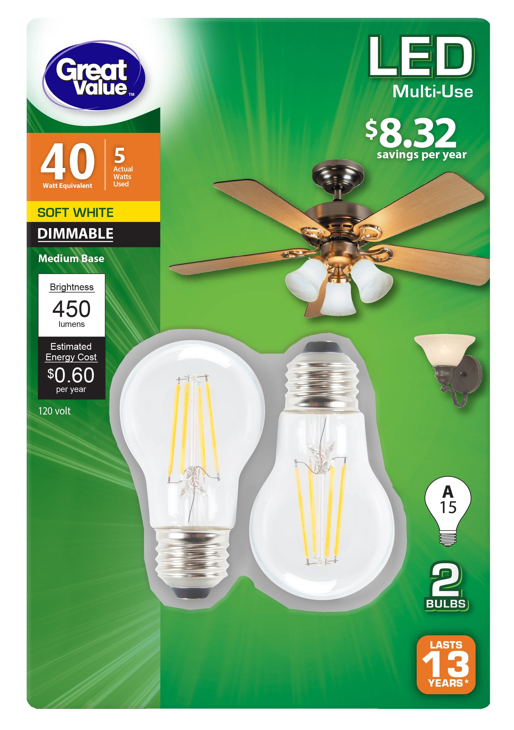 Great Value LED Multi-Use A15 5 Watts Soft White Medium Base Bulbs, 2 ...
