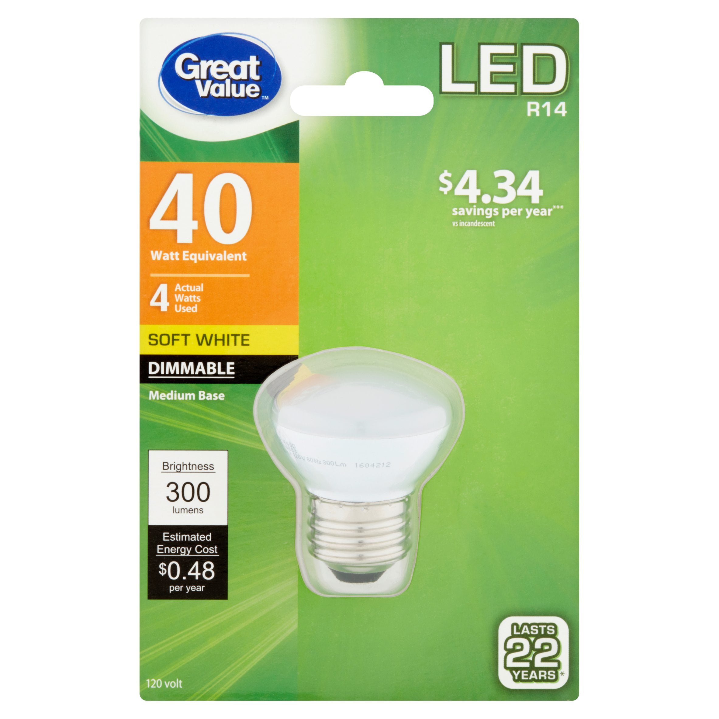 Great Value LED Soft White Medium Base R14 4 Watts - Walmart.com