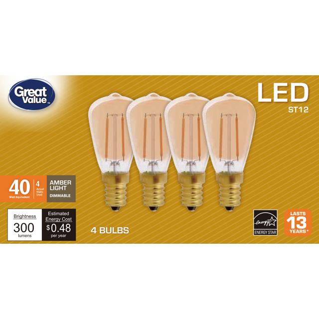 Great Value LED St12 4 Watts Amber Light Candelabra Base Bulbs, 4 Count ...