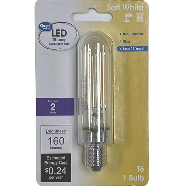 Great Value LED T6 Tubular Bulb, 2-Watt (15W Equivalent) E12 Base Non ...