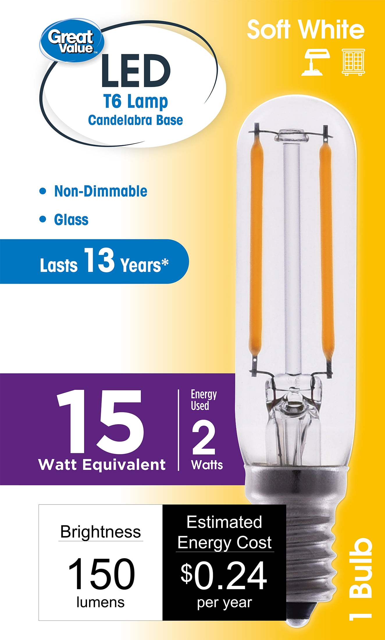 Great Value LED T6 Tubular Bulb, 2-Watt (15W Equivalent) E12 Base Non-Dimmable Soft White (1Pack ...