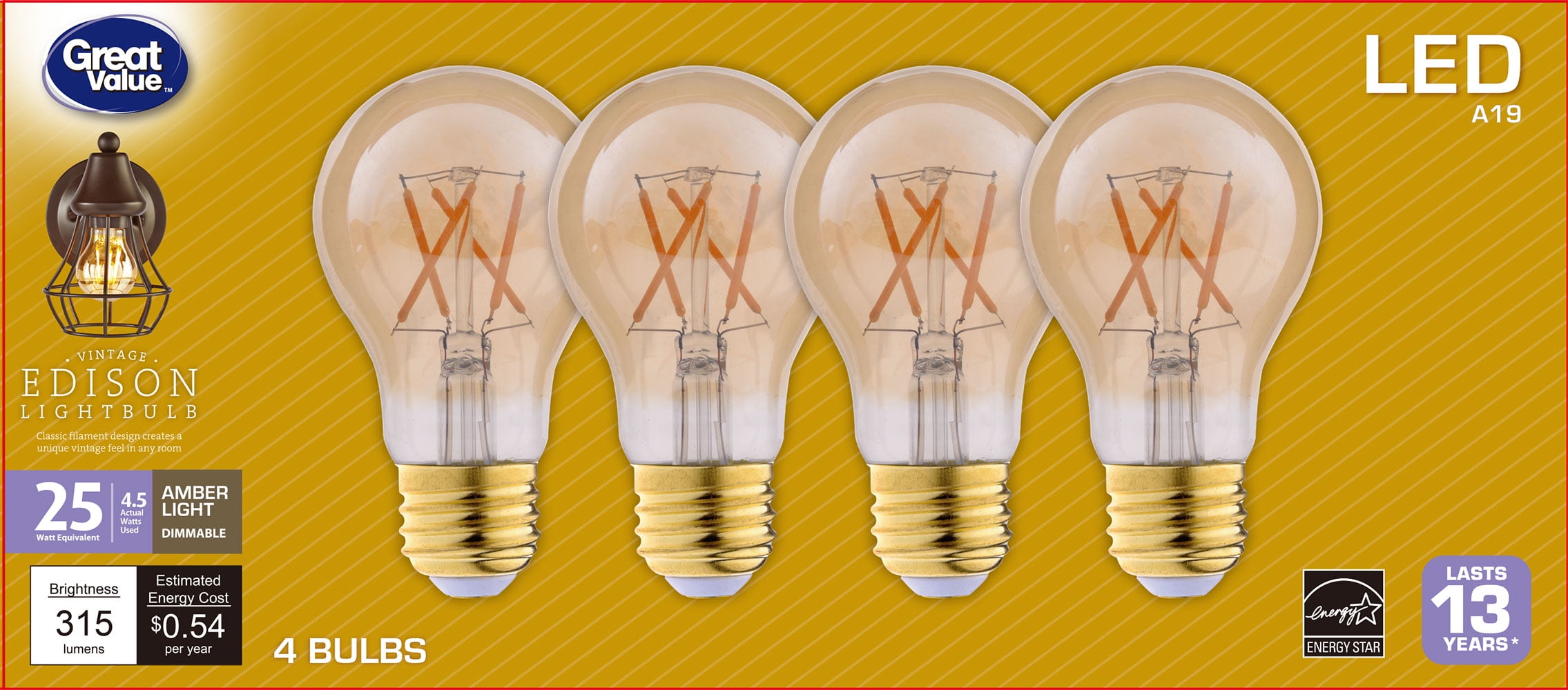 Great Value LED Vintage Edison A19 Bulbs, 4.5W, Amber, 4 Count ...