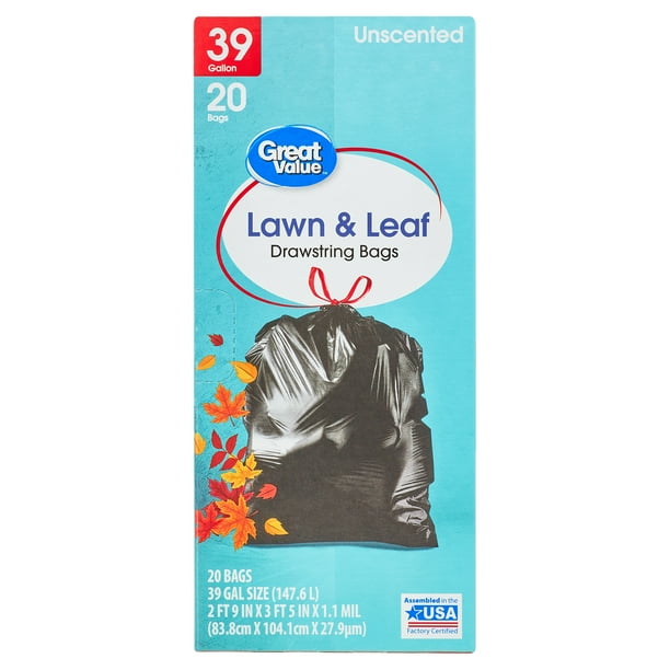 Great Value Lawn & Leaf 39-Gallon Drawstring Bags, Unscented, 20 Count ...