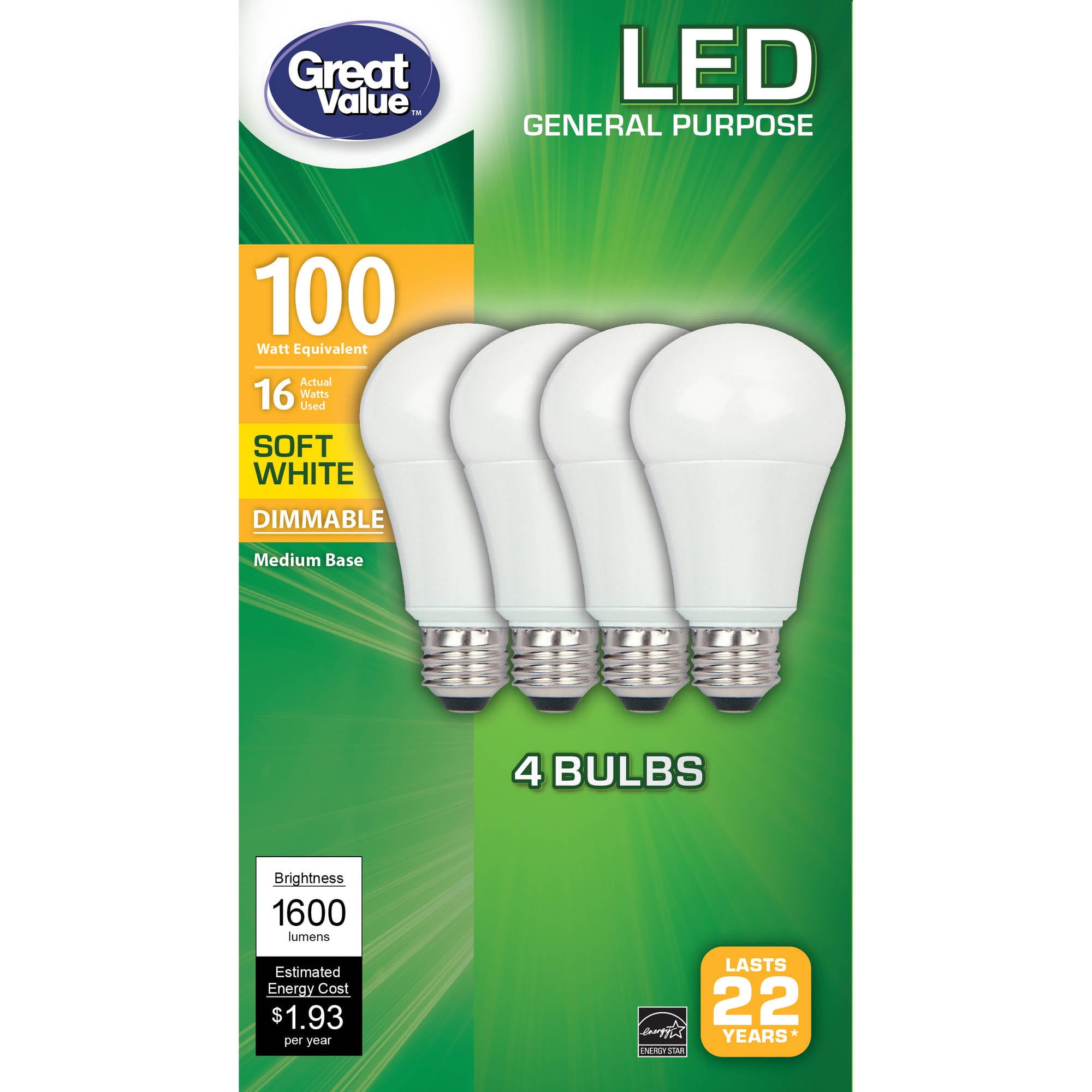 Great Value Led 100w 22yr Dimmable 4pk - Walmart.com
