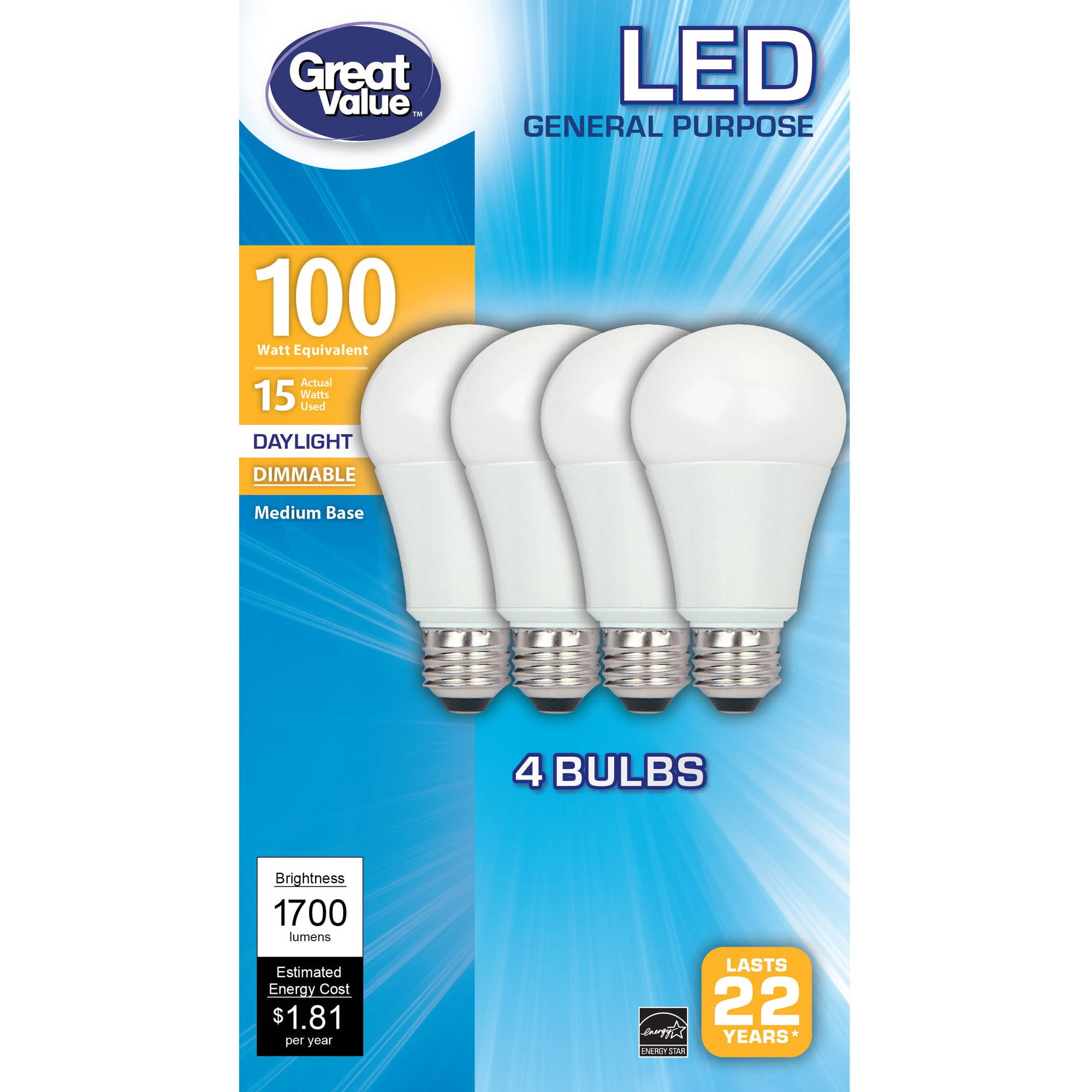 Great Value Led 100w Dl 22y Dimmable 4pk - Walmart.com