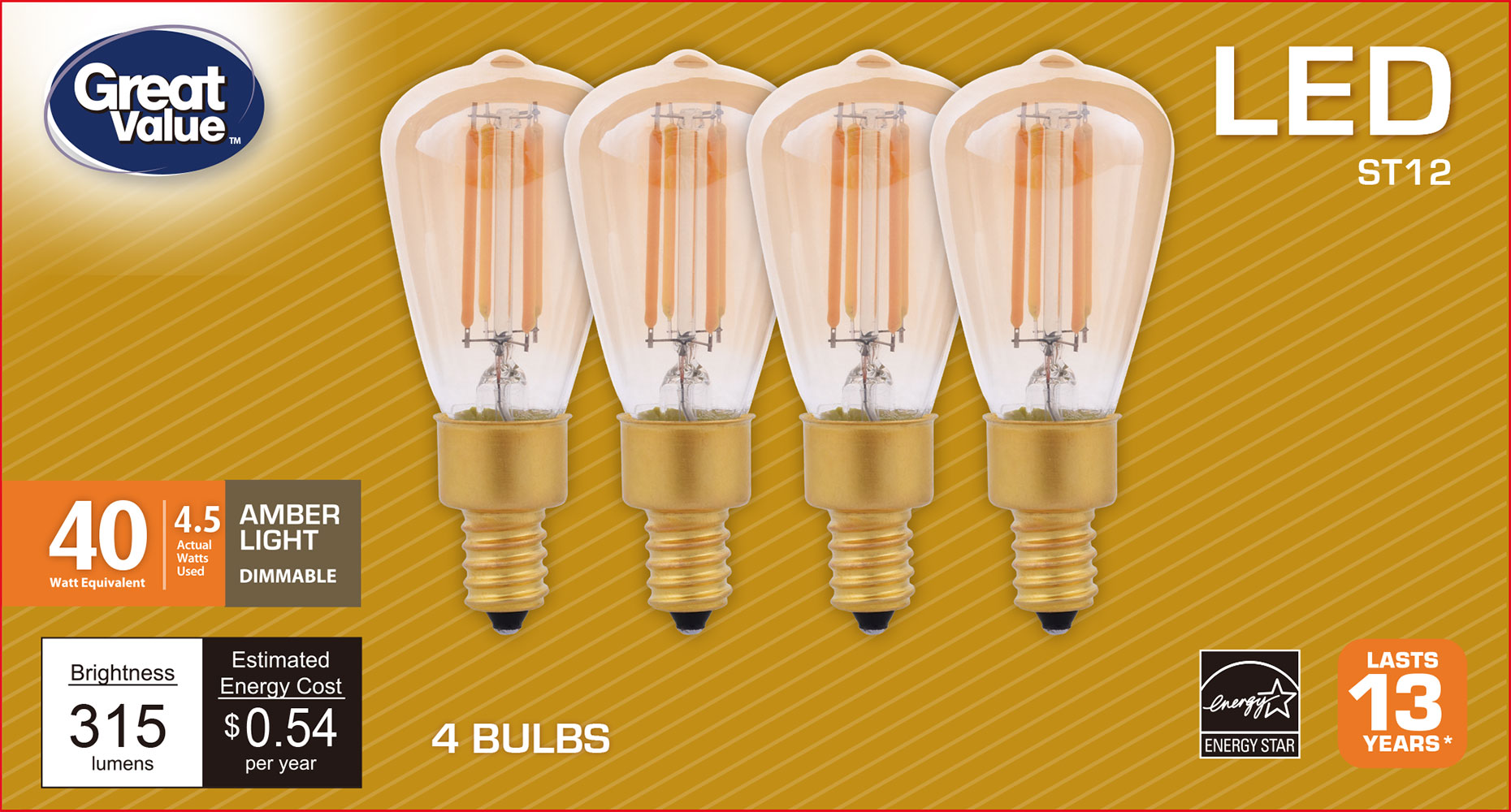 Great Value Led St12 4.5 Watts Amber Light Candelabra Base Bulbs, 4 ...