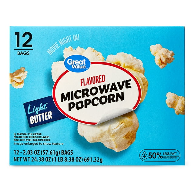 Great Value Light Butter Flavored Microwave Popcorn, 2.03 oz, 12 Count ...