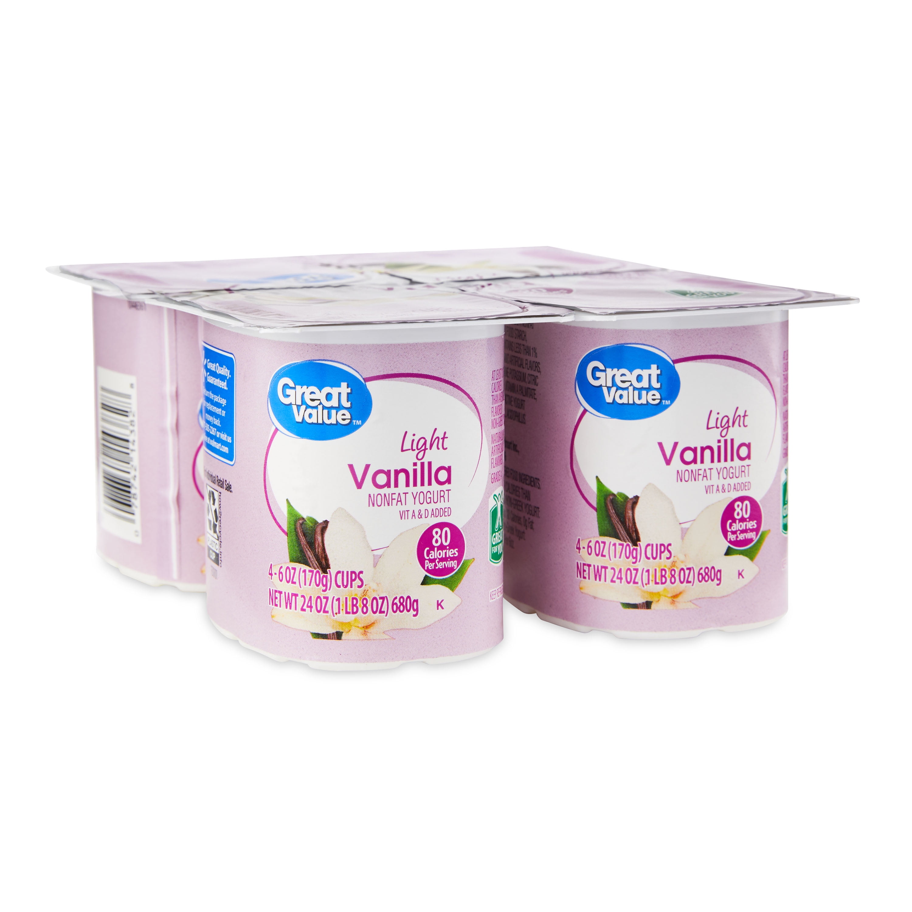 Great Value Light Vanilla Nonfat Yogurt 6 oz, 4 Count Low Fat, Calorie ...