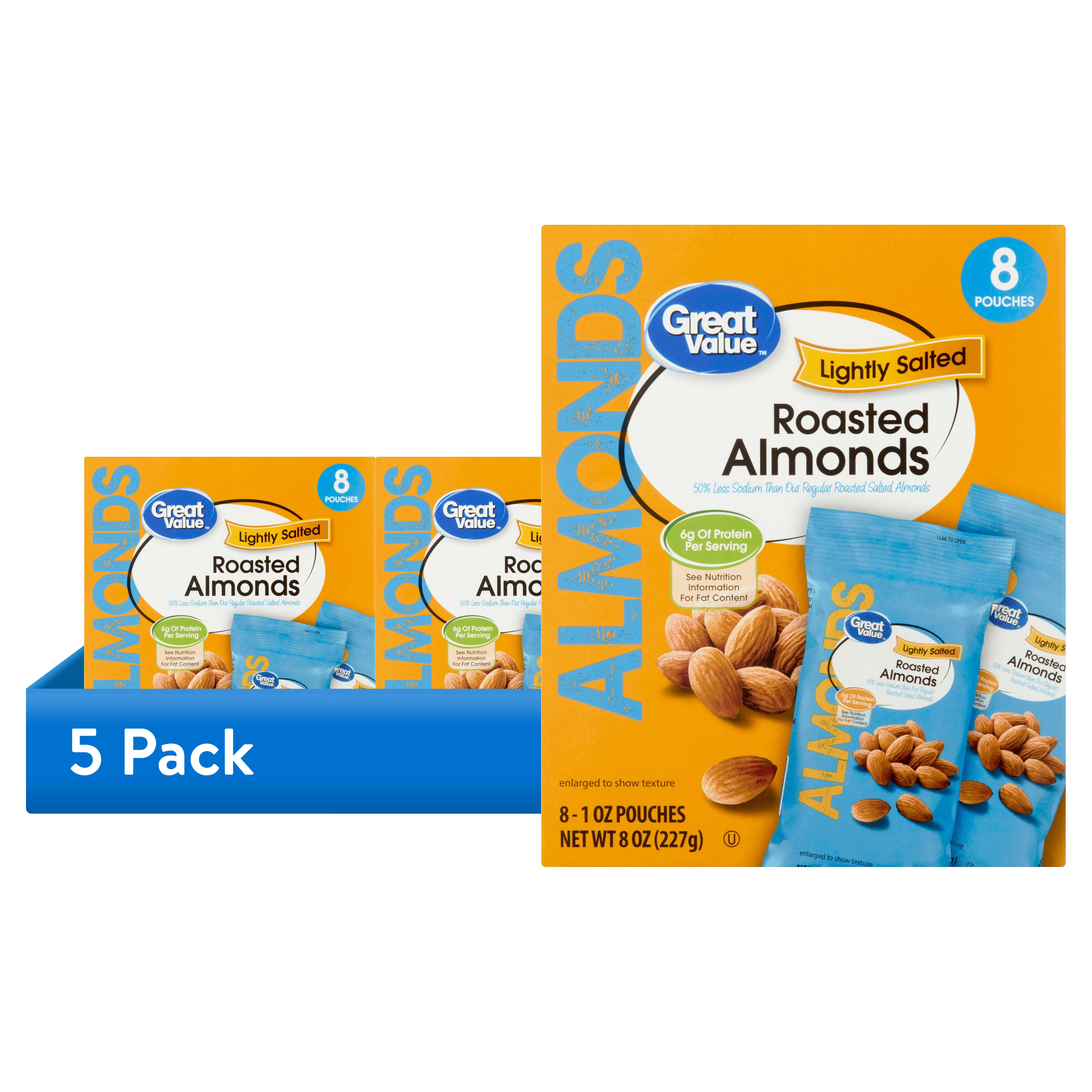(5 pack) Great Value Lightly Salted Roasted Almonds, 1 oz, 8 Count ...