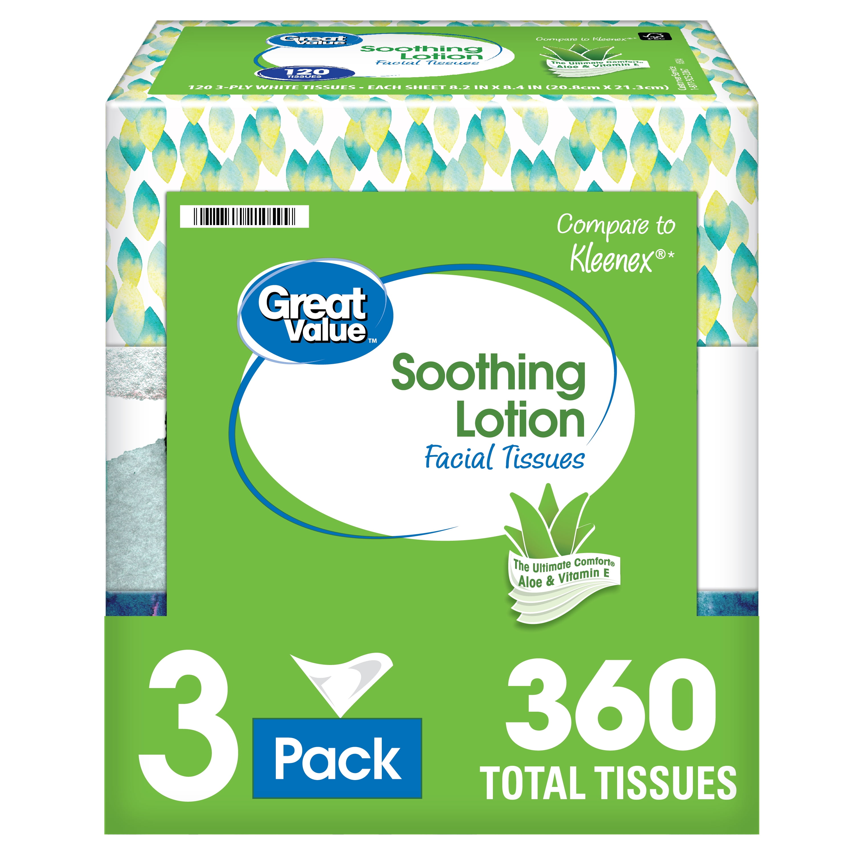 Great Value Lotion Soothing Facial Tissues, 3 Flat Boxes (360 Total ...