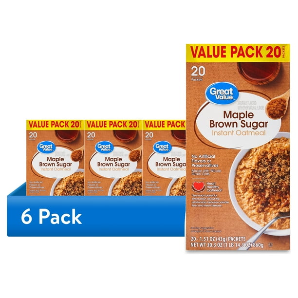 (6 pack) Great Value Maple & Brown Sugar Instant Oatmeal, 1.51 oz, 20 ...
