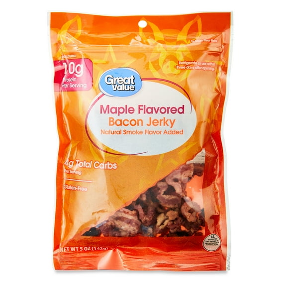Great Value Maple-Flavored Bacon Jerky 5 oz with Smoky Maple Flavor and ...