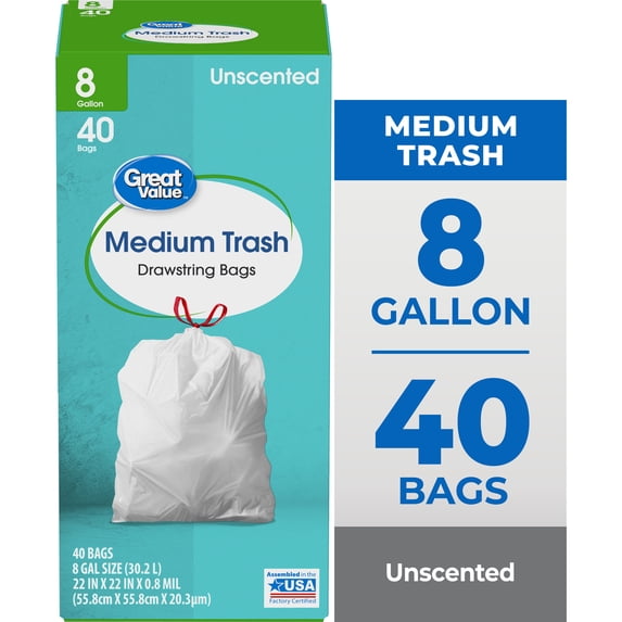 Great Value Drawstring Trash Bags, 8 Gallon, Medium Size, Durable, 40 ...