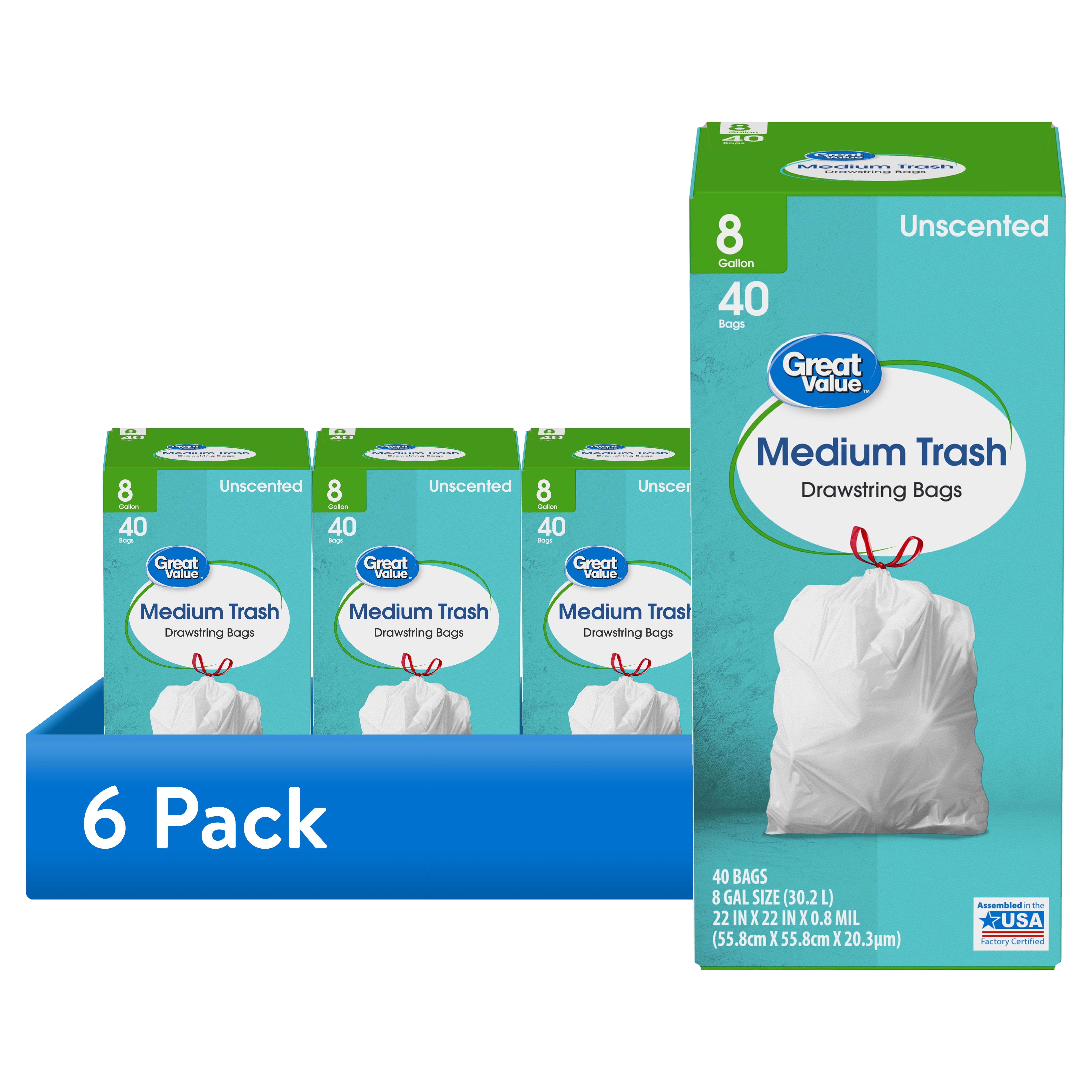 (6 pack) Great Value Medium Trash Drawstring Bags, 8 Gallon, 40 Count ...