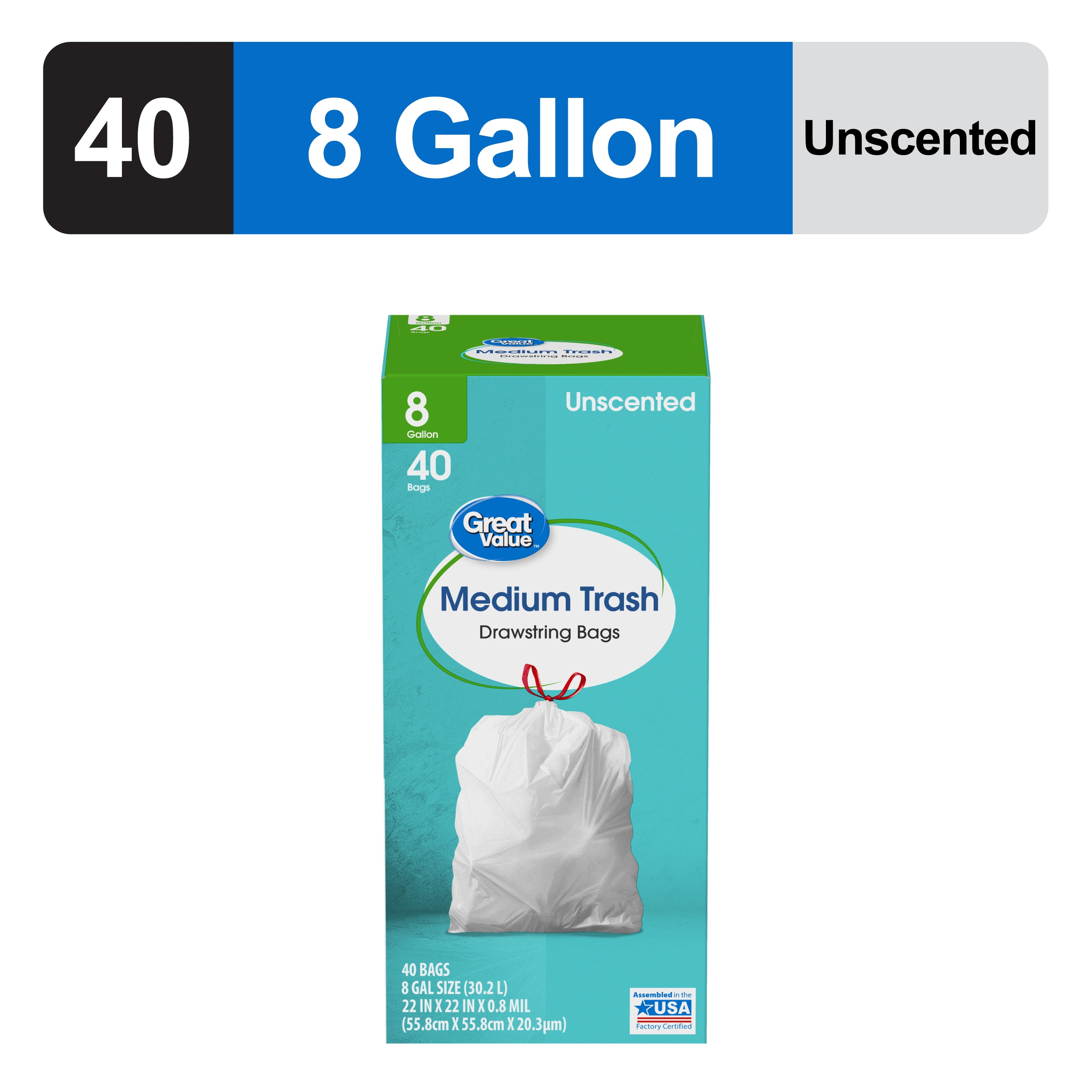 "Great Value Medium Trash Drawstring Bags, 8 Gallon, 40 Count, 23.75 ...