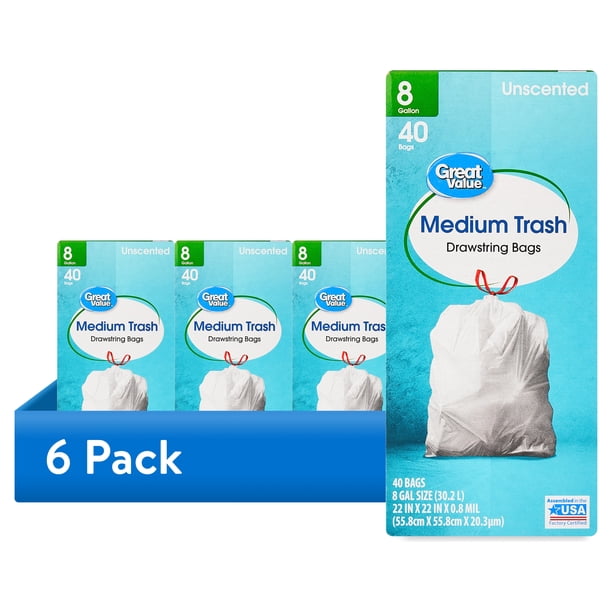(6 pack) Great Value Medium Trash Drawstring Bags, 8 Gallon, 40 Count ...