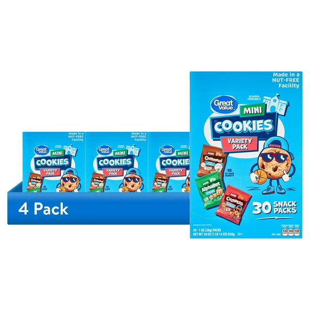 (4 pack) Great Value Mini Alphabet, Chippers & Oatmeal Cookies Variety ...