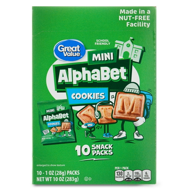 Great Value Mini Alphabet Cookies, 1 oz, 10 Snack Packs - Walmart ...