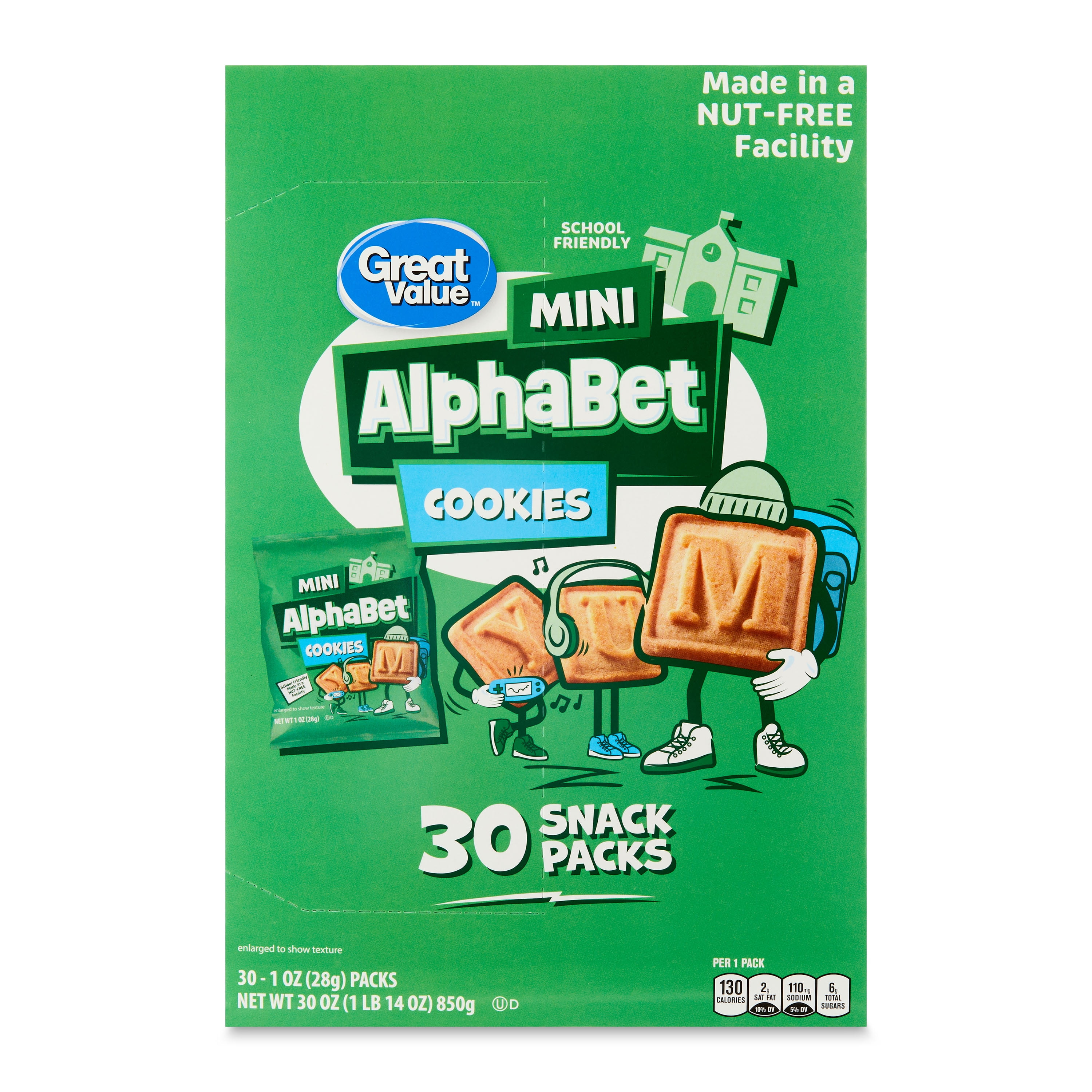 Great Value Mini Alphabet Cookies, 1 oz, 30 Snack Packs - Walmart ...