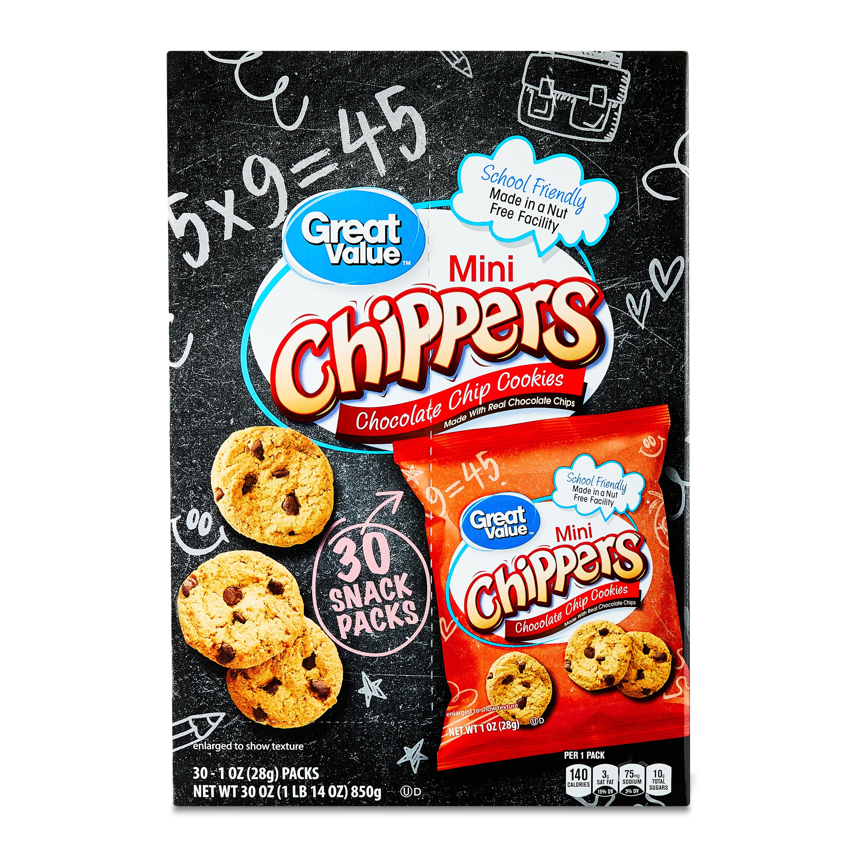 Great Value Mini Chippers Cookies, 1 oz, 30 Pack, Bite-Sized Chocolate ...