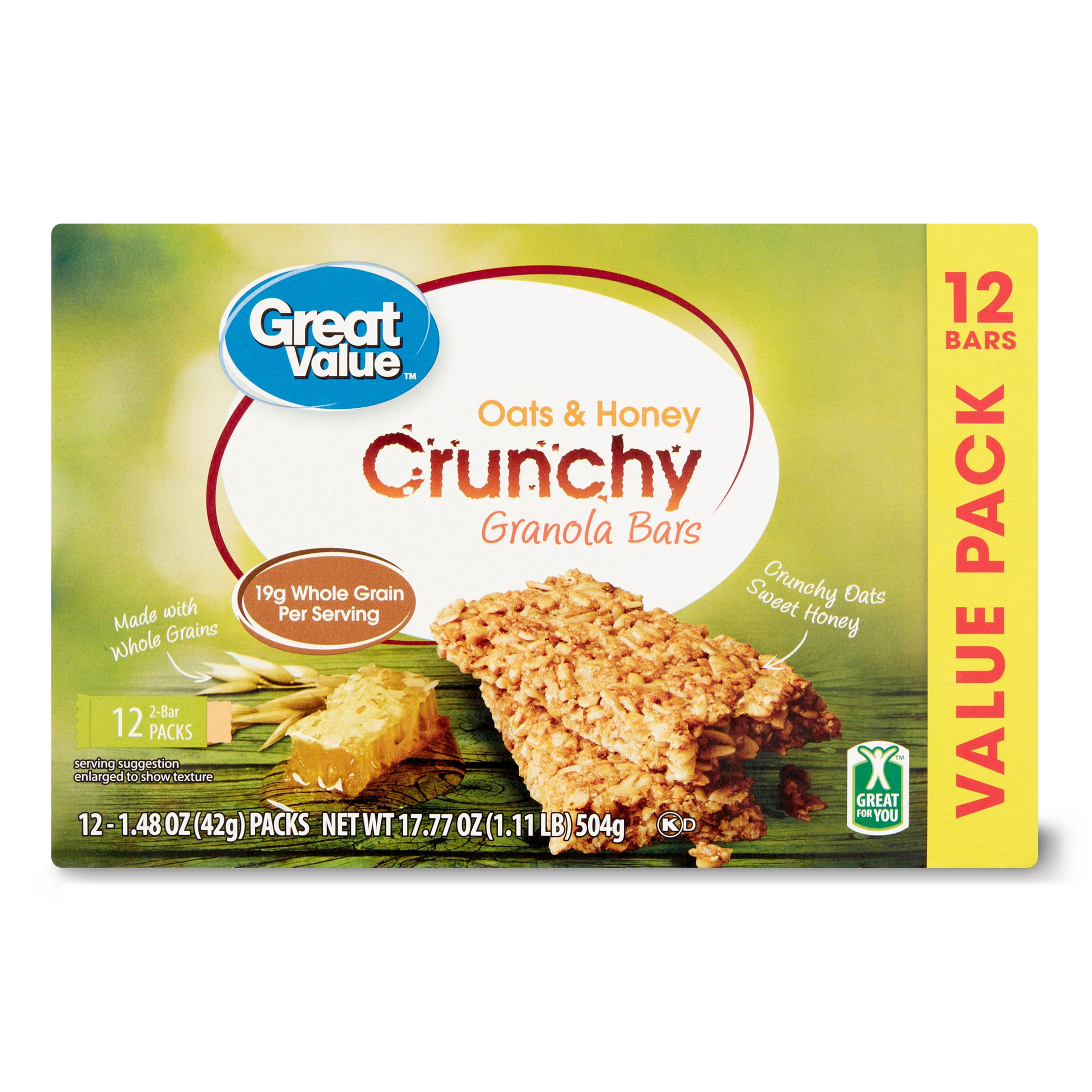 Great Value, Oats & Honey Crunchy Granola Bars Value Pack, 17.77 oz, 12 ...