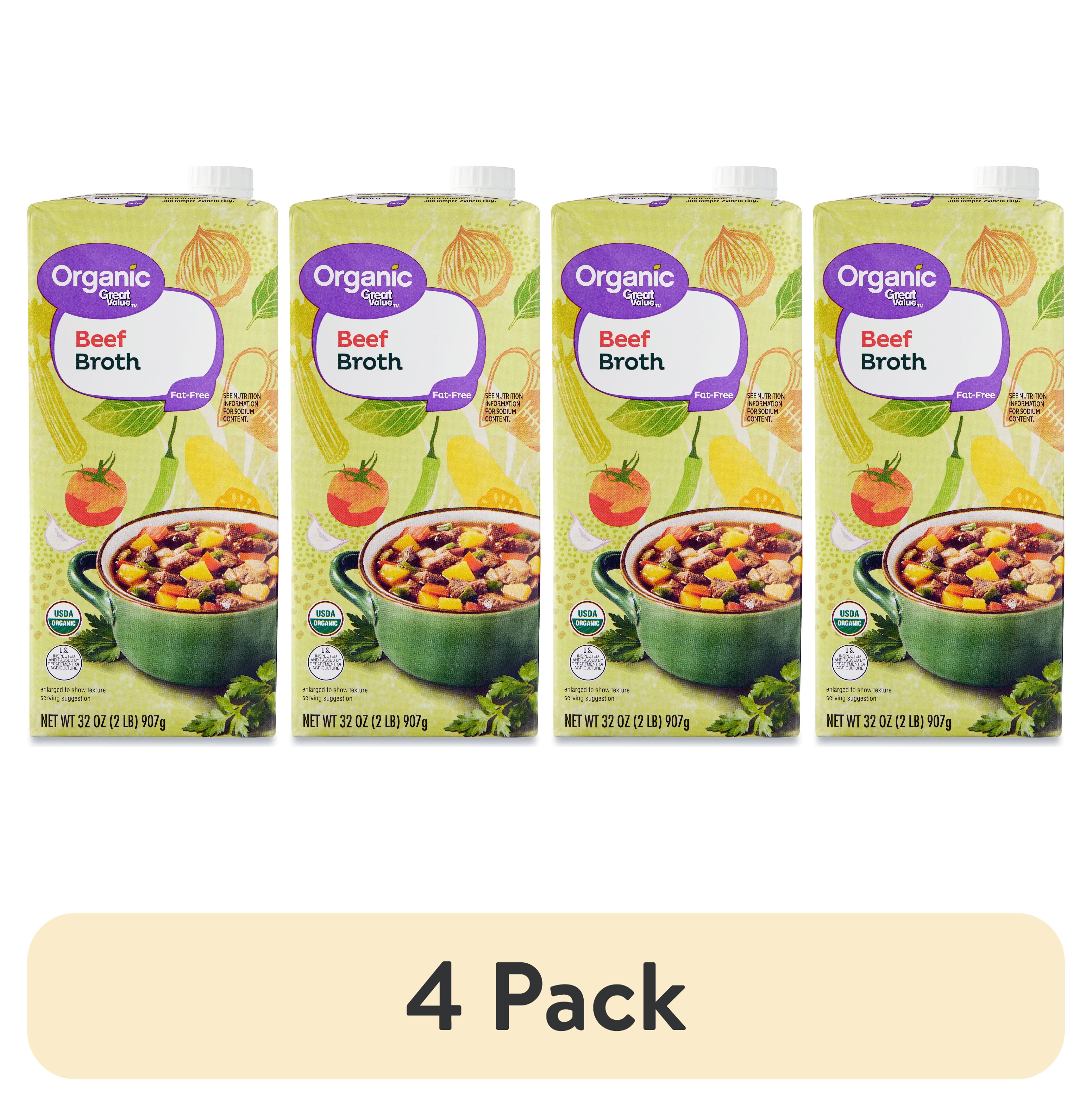 (4 pack) Great Value Organic Beef Broth, 32 oz Carton, Shelf-Stable ...