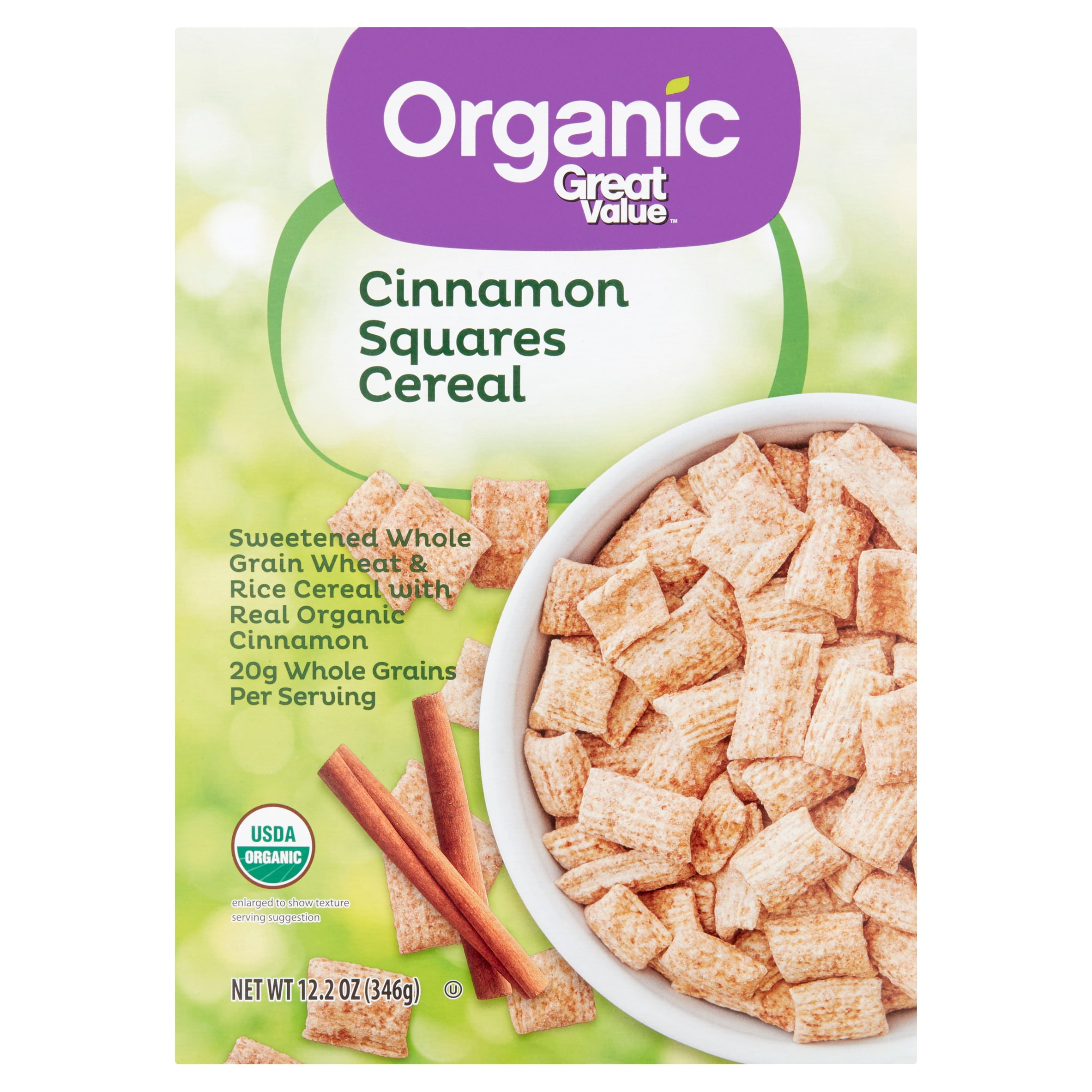 Great Value, Organic Cinnamon Squares Breakfast Cereal, 12.2 oz ...