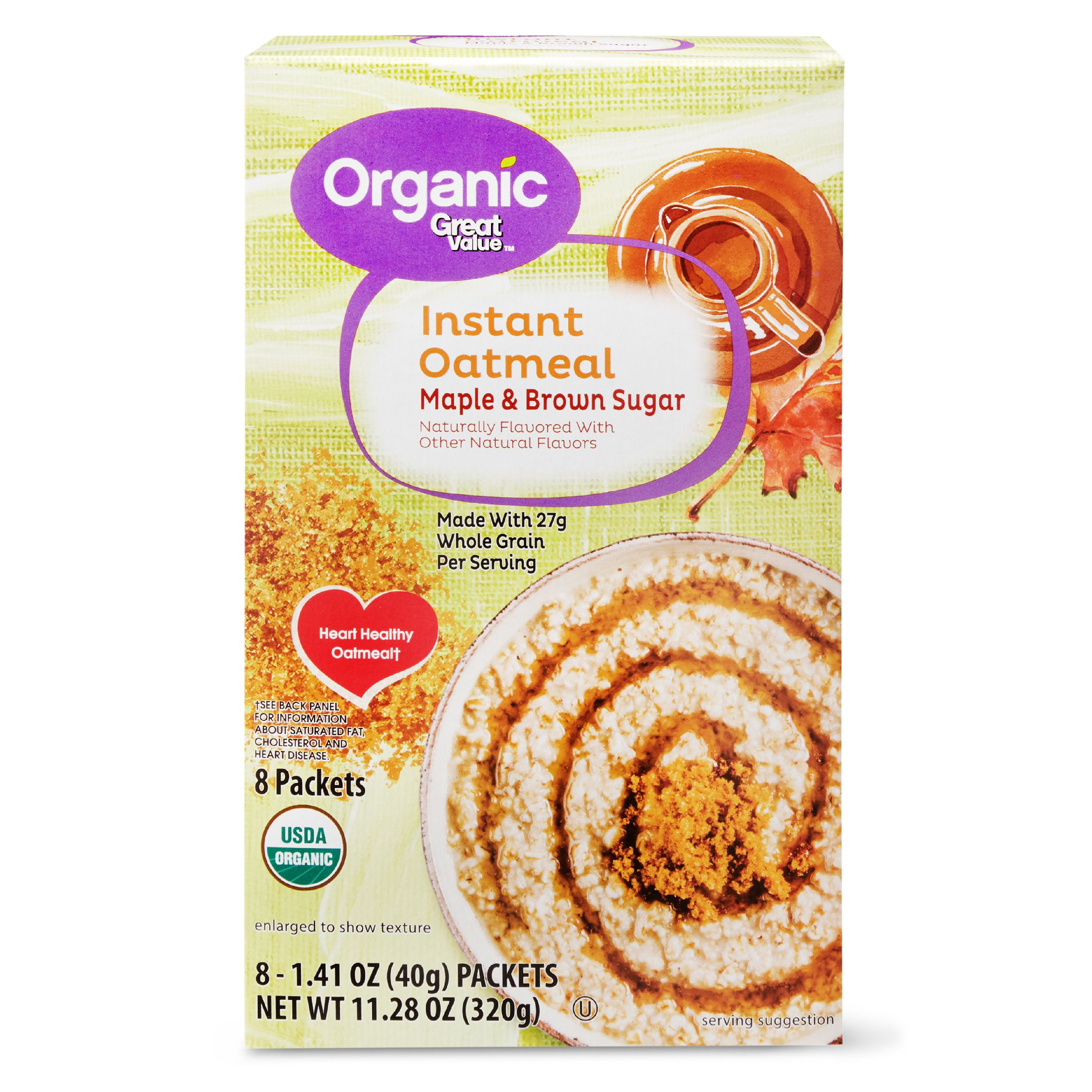 Great Value Organic Maple & Brown Sugar Instant Oatmeal, 11.28 oz, 8 ...