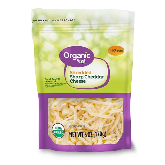 Great Value Organic Shredded Sharp Cheddar Cheese 6 oz, Gluten-Free ...