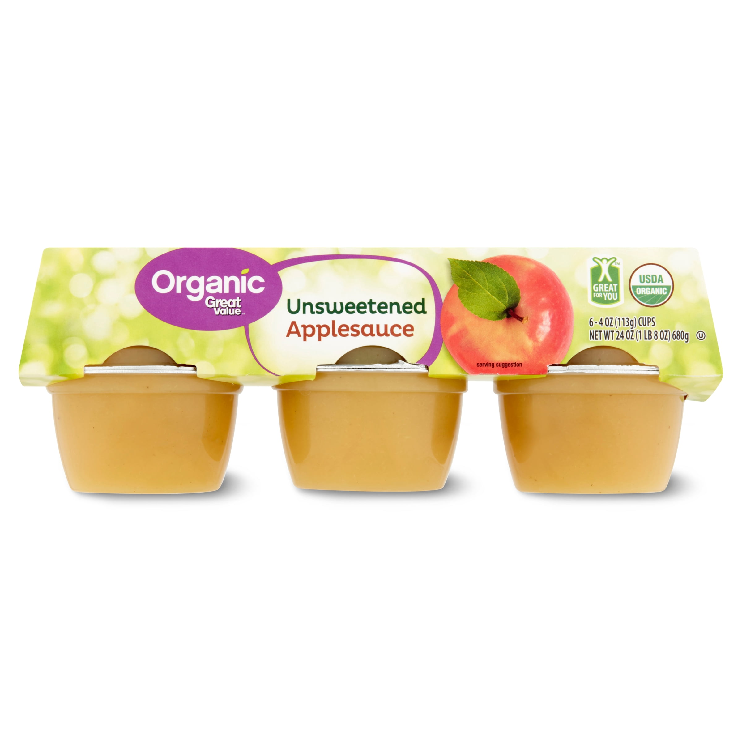 Great Value Unsweetened Applesauce Cups 4 oz Pack of 6 Fruit Snack Side ...