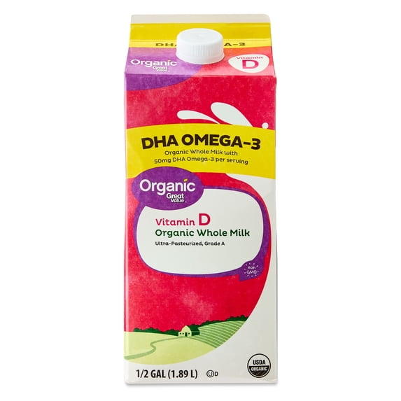 Great Value Organic Whole Milk with DHA Omega-3, Half Gallon, USDA ...