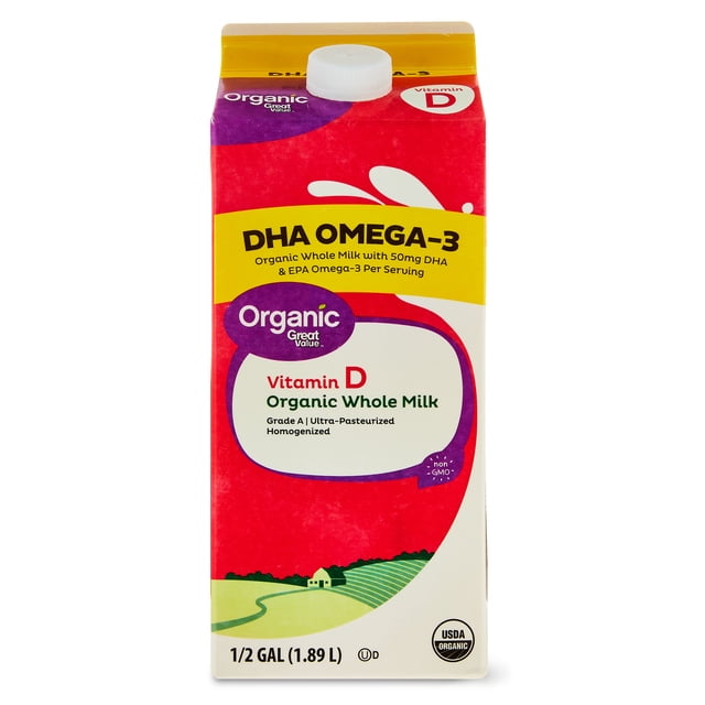 Great Value Organic Whole Milk with DHA Omega-3, Half Gallon - Walmart.com