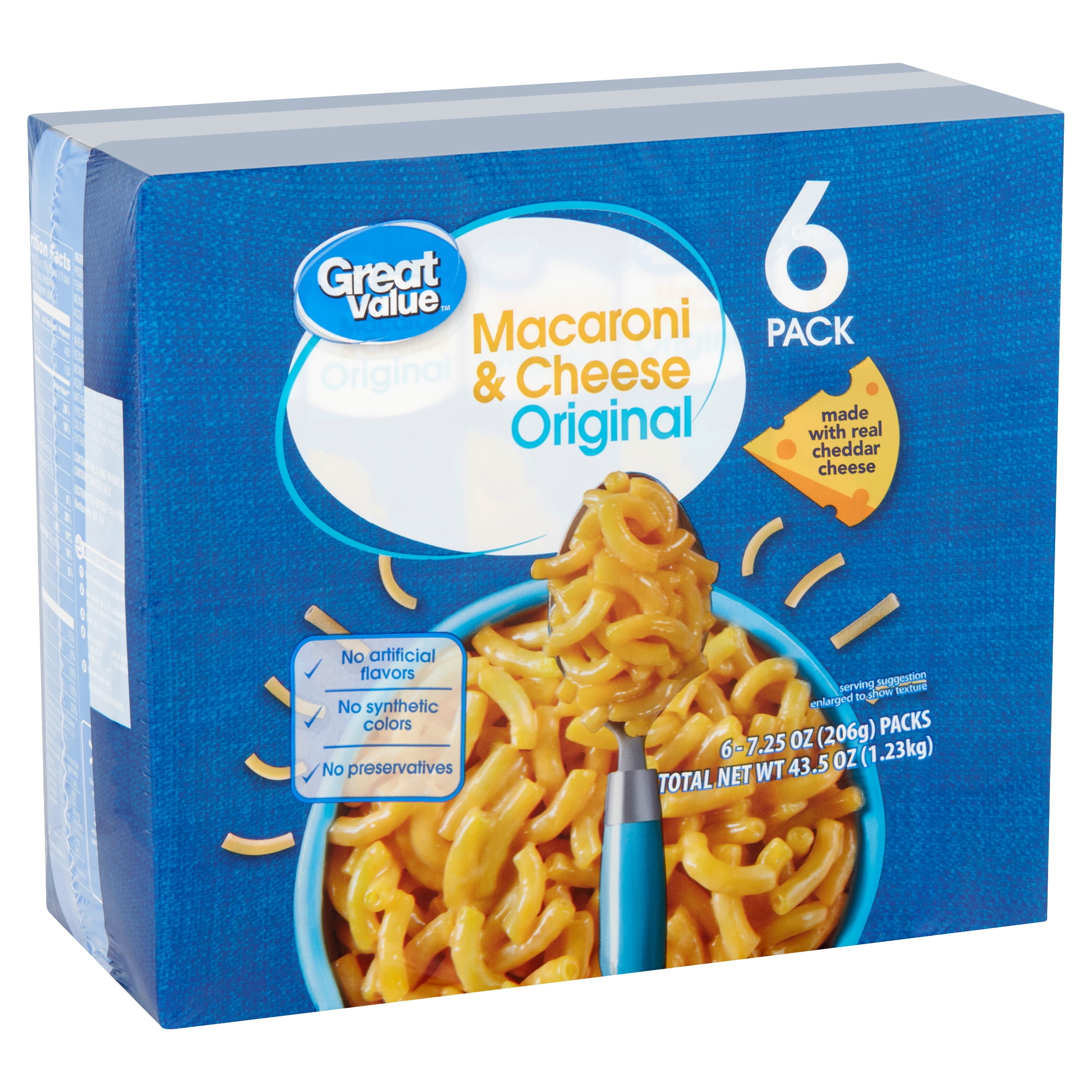 Great Value Original Macaroni & Cheese, 7.25 oz, 6 Count Shelf Stable ...