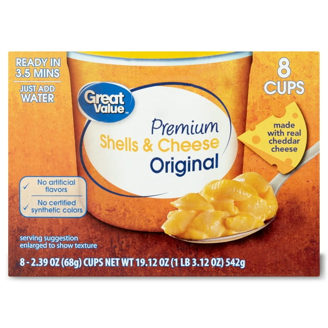 Great Value Original Premium Shells & Cheese Microwavable Cups, 8 Count ...
