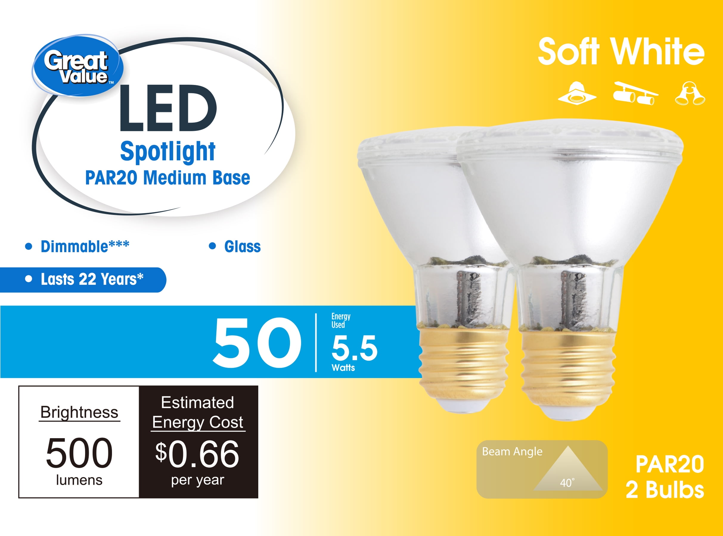 Great Value PAR20 LED Indoor Dimmable Floodlight Bulb, 5.5W (50W Equiv ...