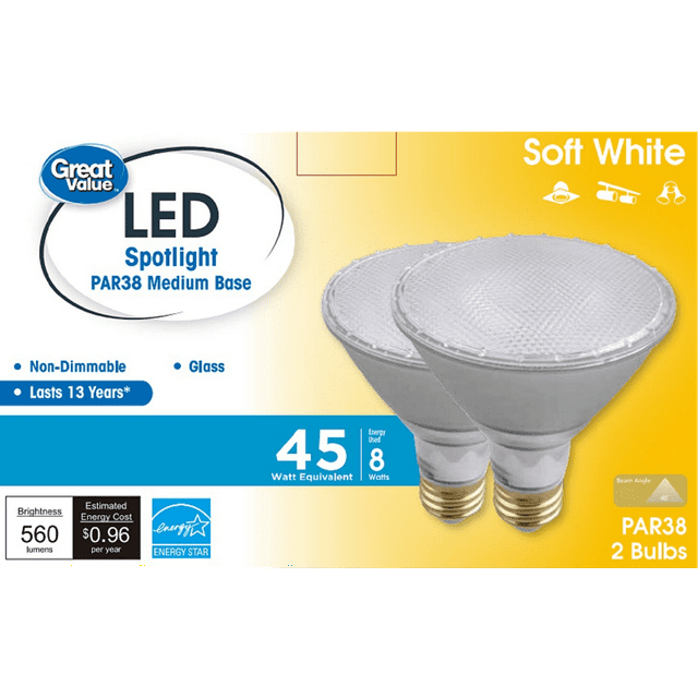 Great Value PAR38 LED Floodlight, 8W (45W Equiv) 40° Beam Angle E26 ...