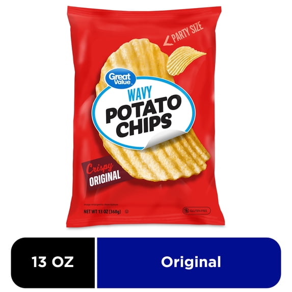 Great Value Wavy Original Potato Chips 13 oz, Crunchy Snack for Dips ...